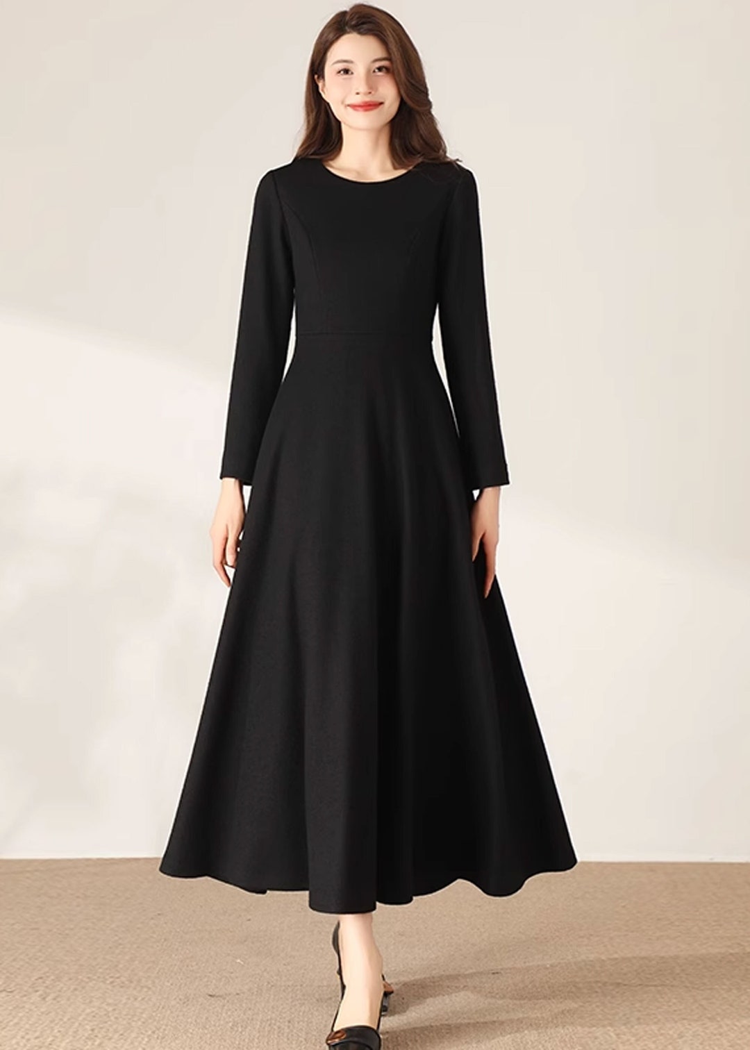 Long Wool Dress, Black Wool Dress, Winter Wool Dress, Fit and Flare ...