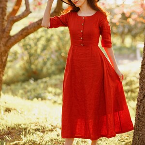 Linen Dress, Long Linen Dress, Red Everyday Comfortable Fit & Flare ...