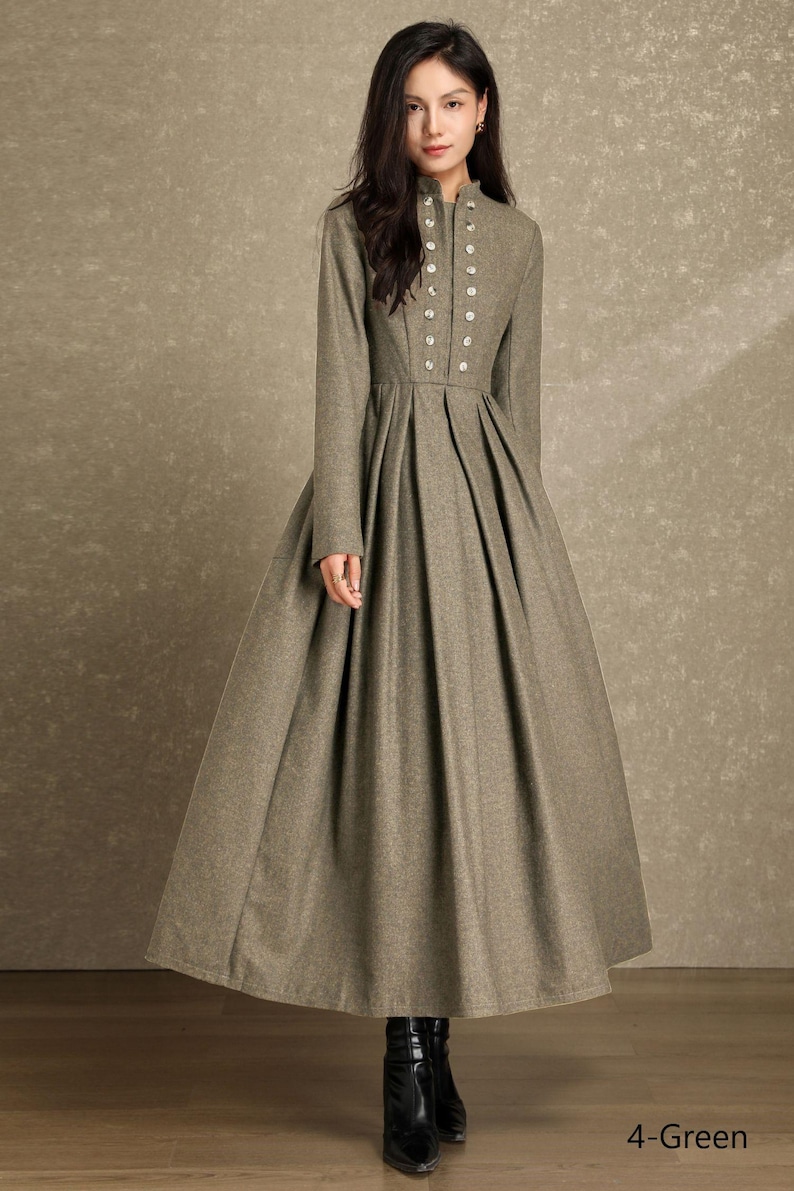 Womens Winter Wool Maxi Dress, Army Green Button Front Dress, Long ...