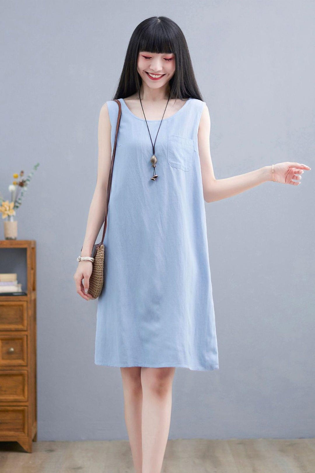Casual Home Dress, Summer Fresh Blue Casual Linen Shift Dress Women ...