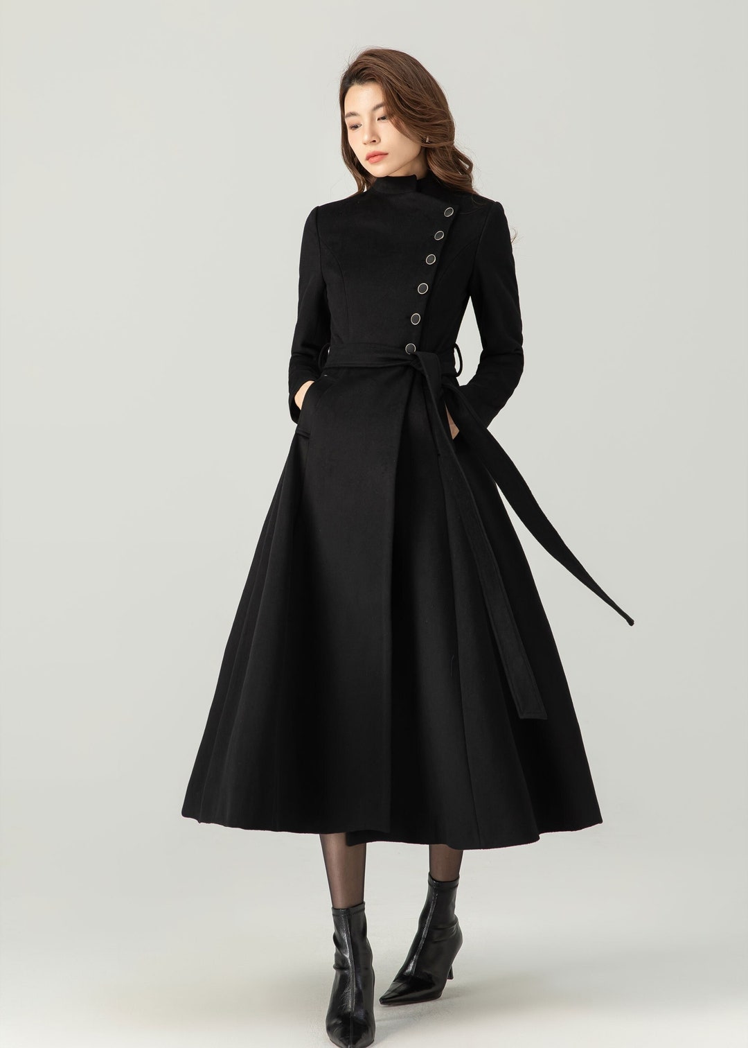 Black Long Wool Coat Winter Wool Coat Women Asymmetrical Wool Coat