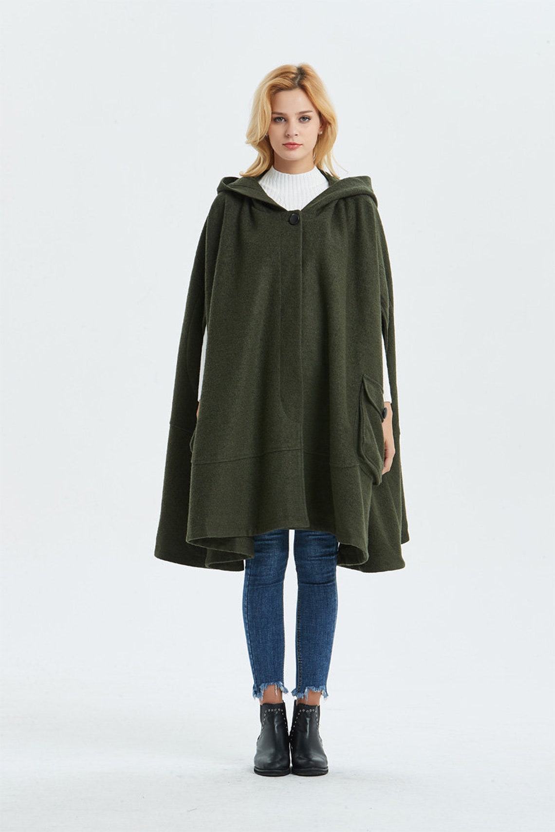 Green Winter Wool Cloak With Hood Women Long Hooded Wool Cape | Etsy