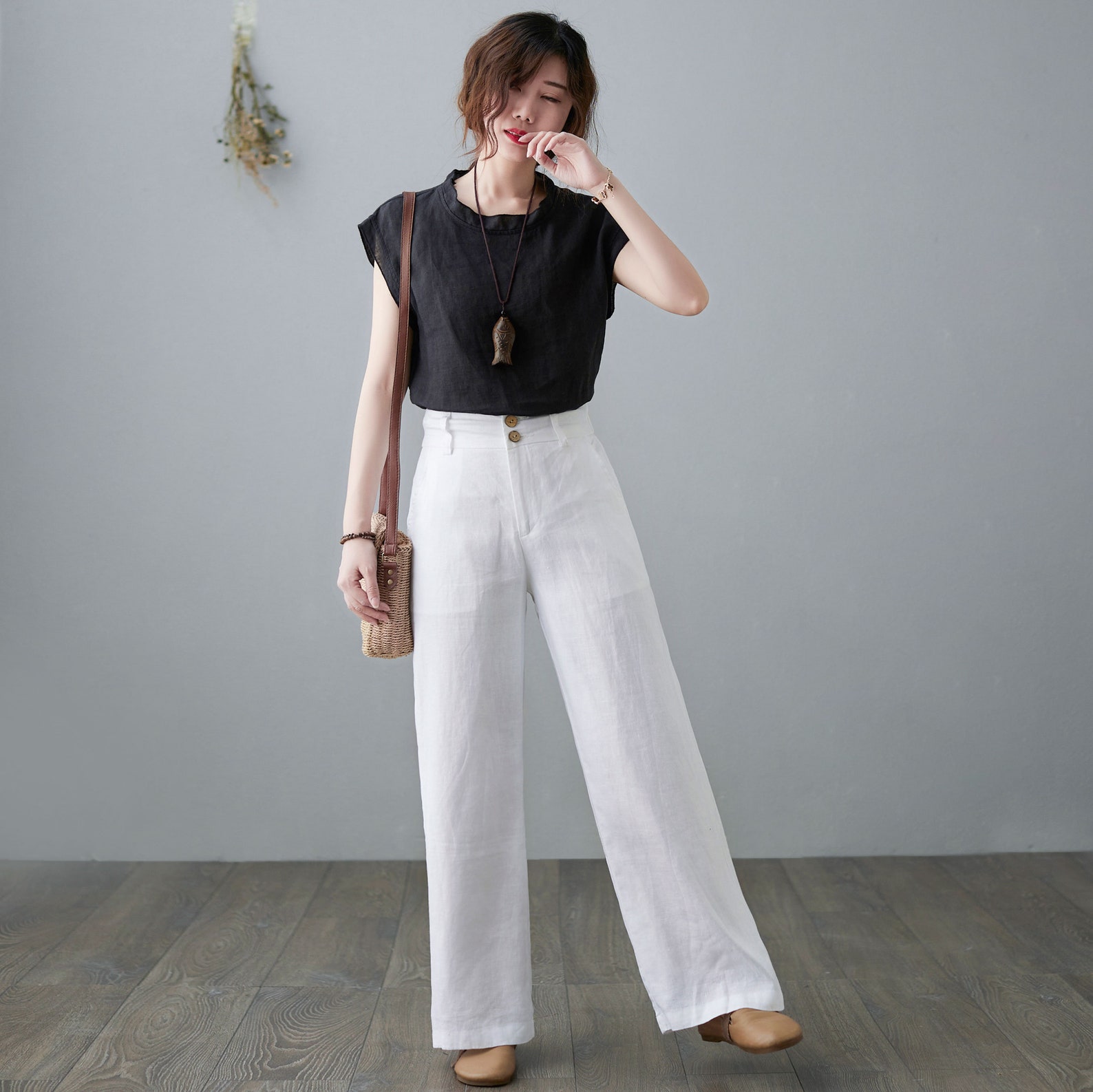 White Wide Leg Linen Pants for Women Causal Zipper Button - Etsy
