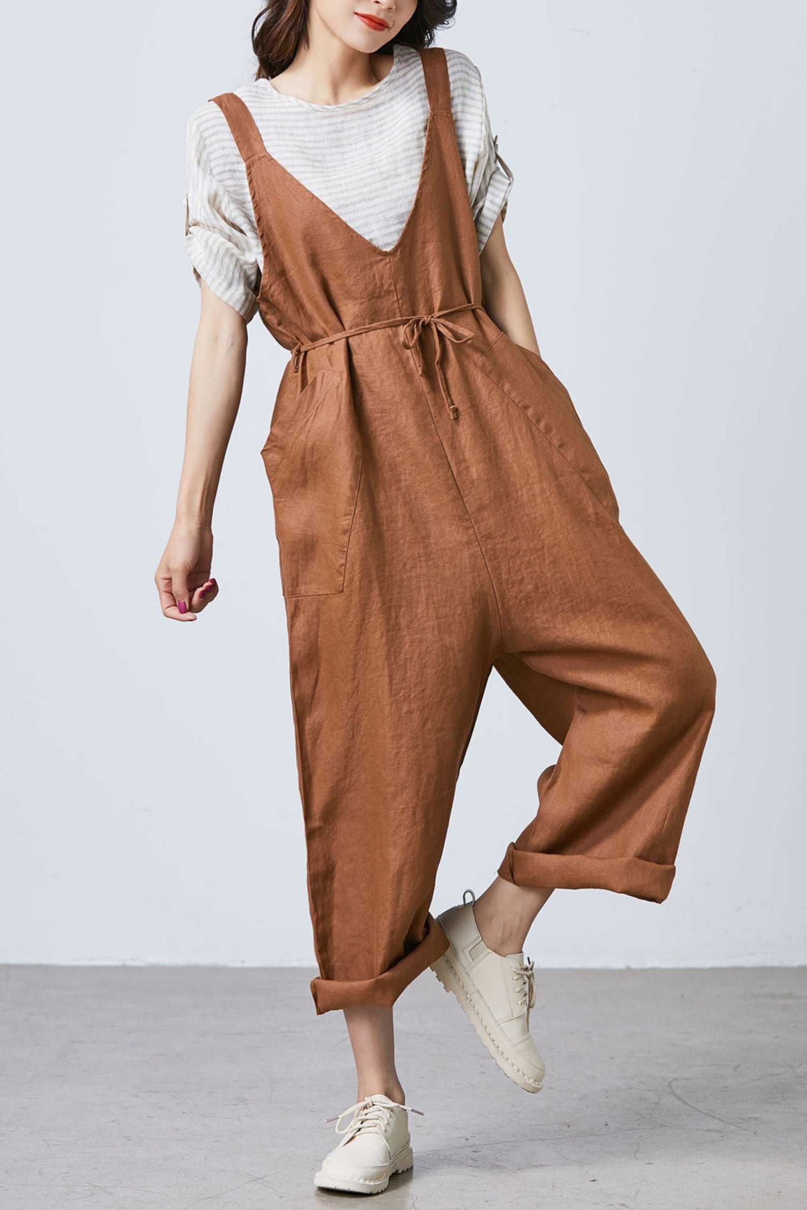 Baggy Brown Overalls, Summer Linen Harem Overalls, Oversized Belted Bib ...