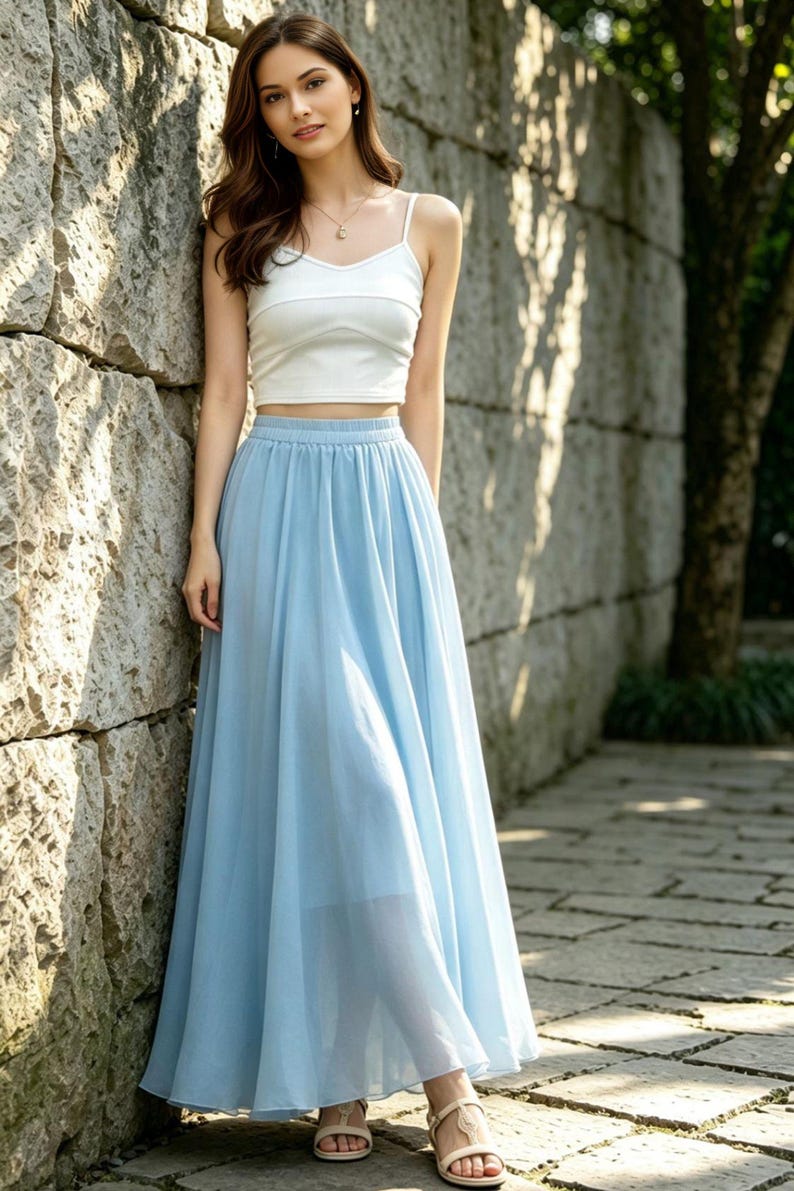 Blue Chiffon Maxi Skirt, Circle Chiffon Swing Skirt, Summer Bohemian ...