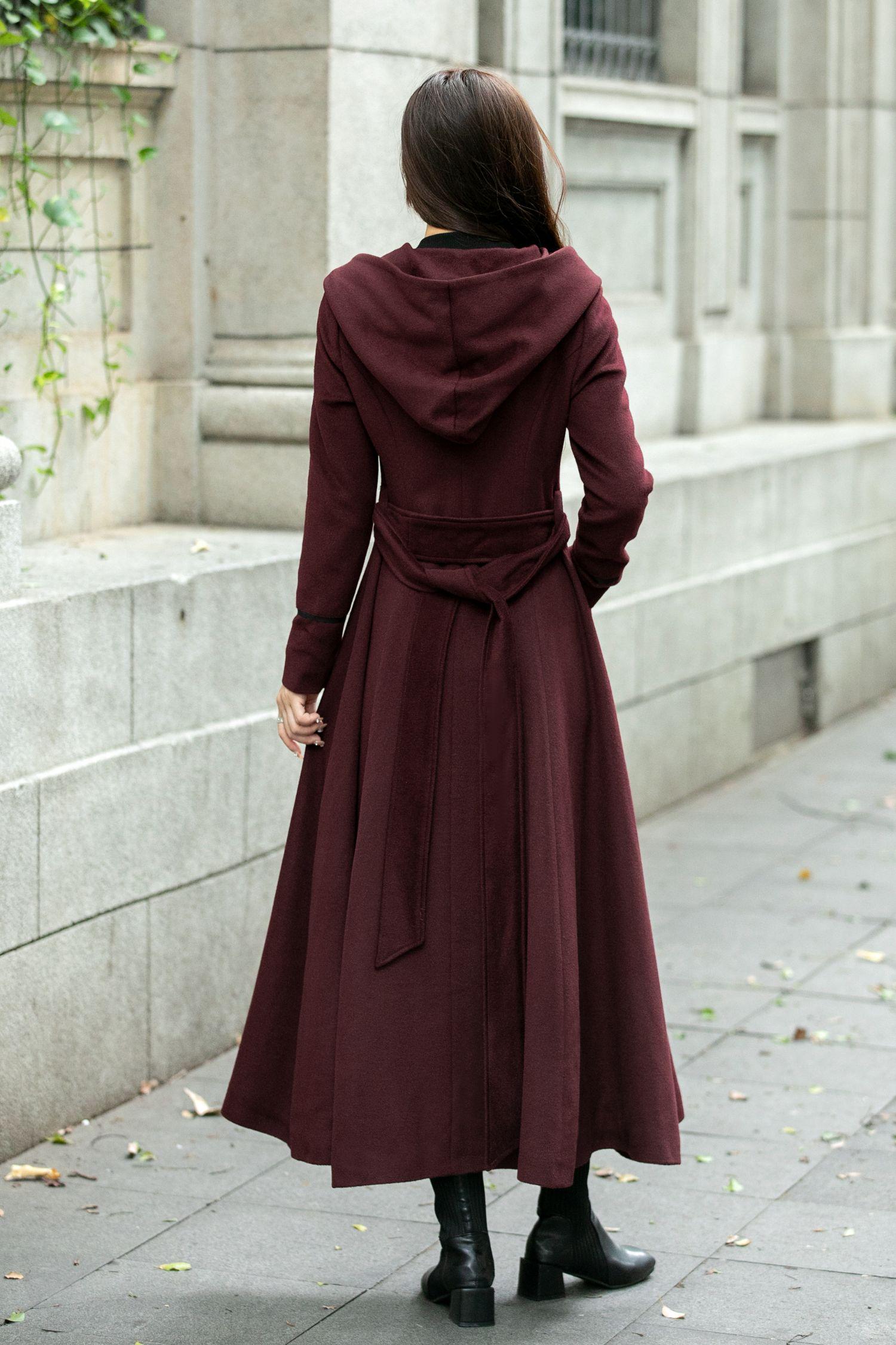 Hooded Wool Coat, Maxi Wool Coat, Burgundy Wool Coat, Long Wool Coat ...
