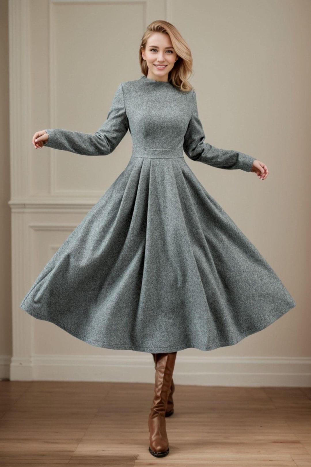 Wool Dress, Swing Wool Dress Women, Gray Pleated Wool Dress, Long ...
