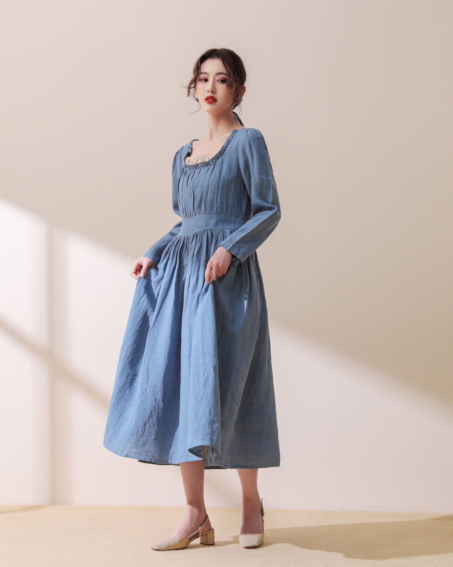 Blue Linen Midi Dresses, Vintage Inspired Linen Dress, Elegant Long ...