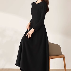 Long Wool Dress, Black Wool Dress, Winter Wool Dress, Fit and Flare ...