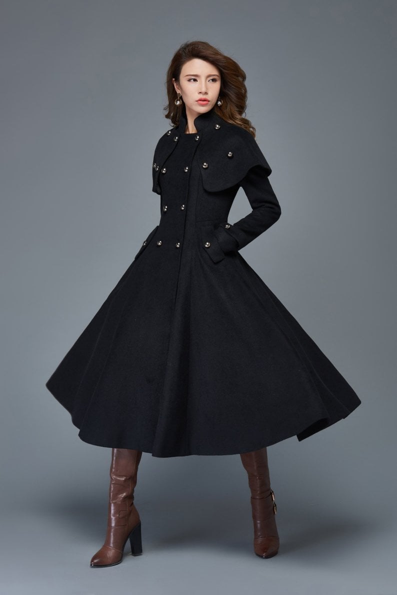 Black Wool Princess Coat: Double-breasted Winter Coat With Removable ...
