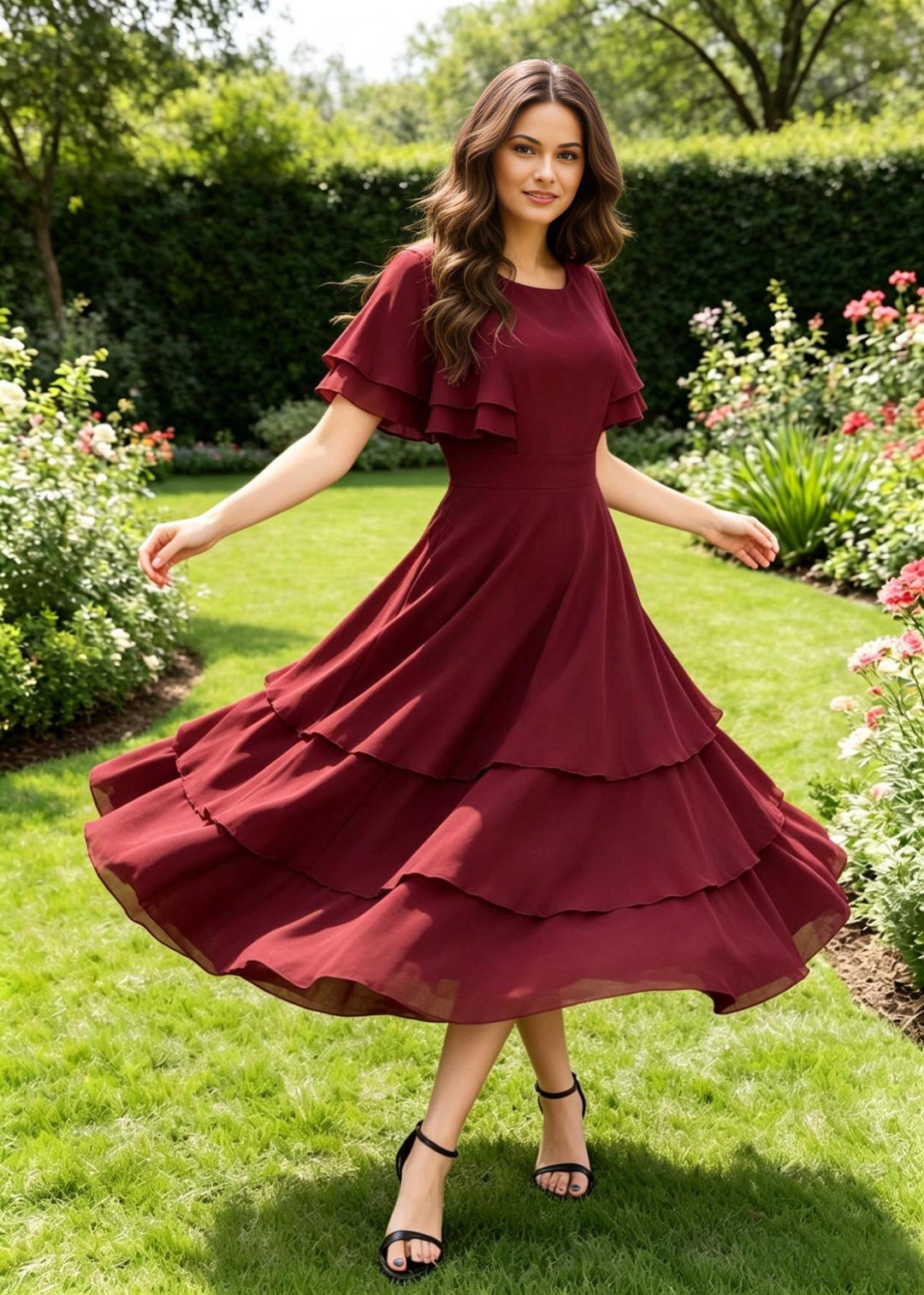 Burgundy Tiered Chiffon Midi Dress for Wedding Guest, Flutter Sleeve ...