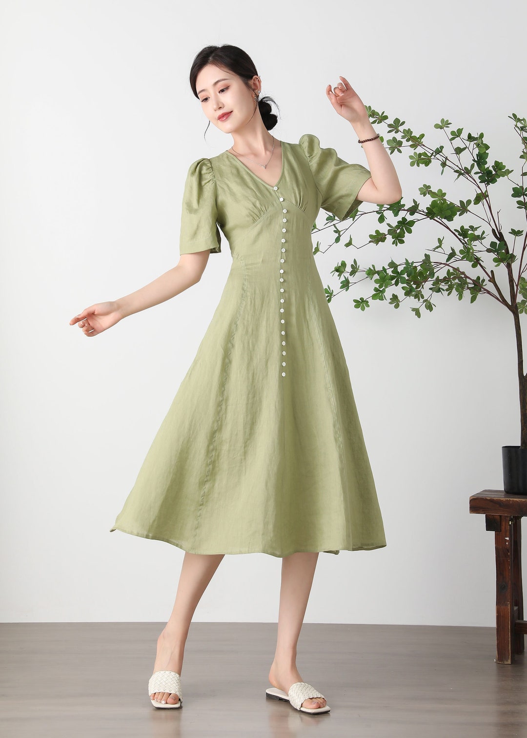 Green Linen Dress, V-neck Linen Dress, Short Sleeve Midi Dress, A-line ...