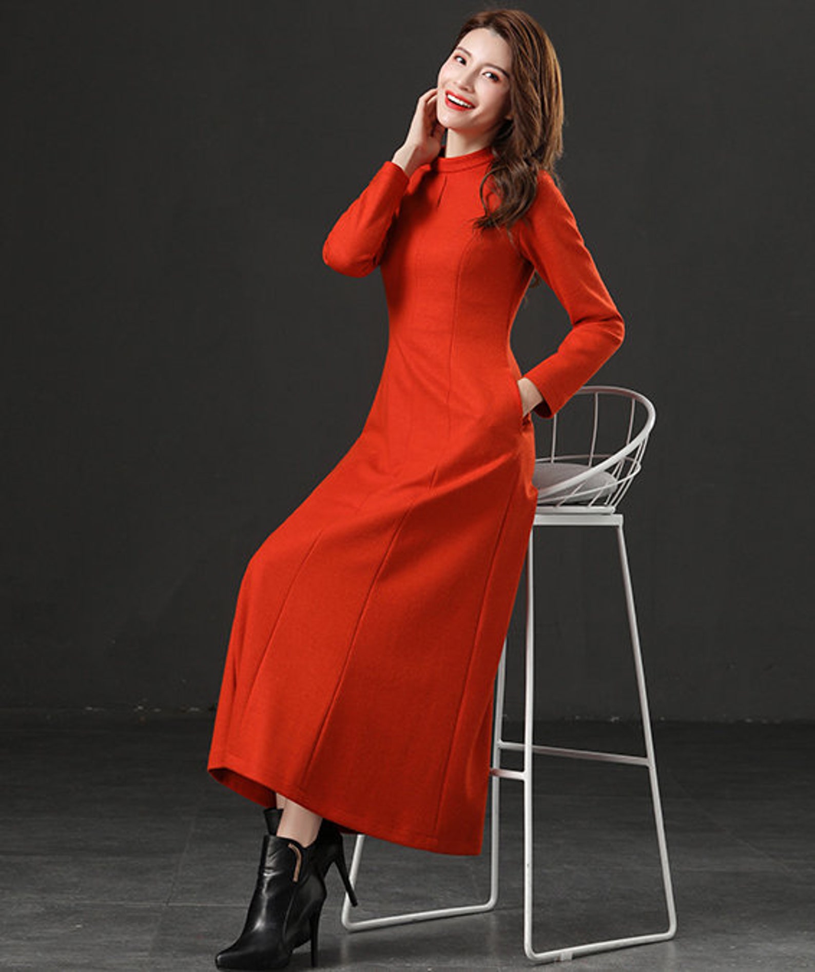 High Neck Cocktail Structured Dress Stand Collar Wool Dress - Etsy