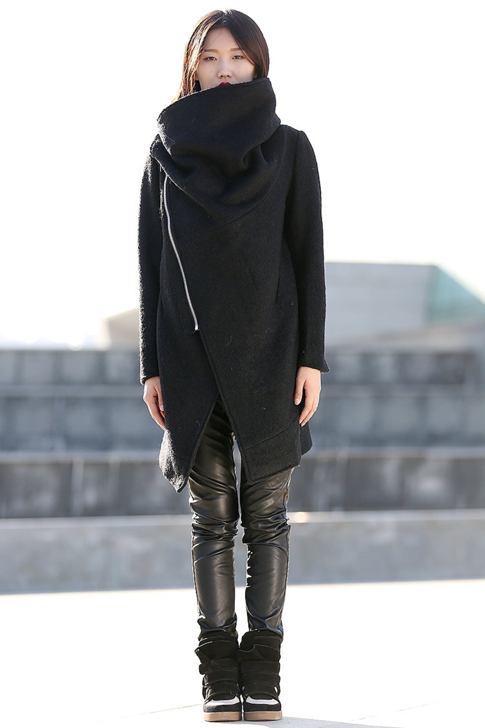 Winter Wool Coat Cowl Neck Wool Coat Asymmetrical Wool Coat - Etsy