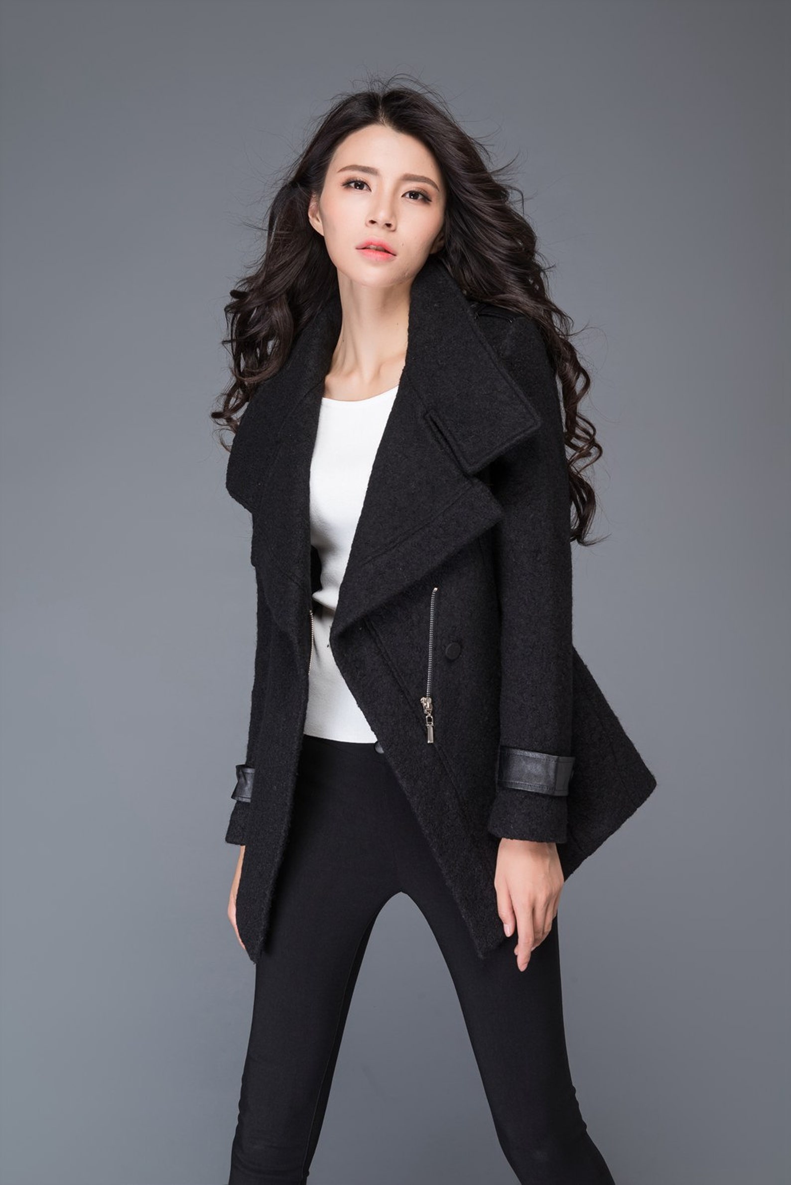 Asymmetrical Wool Coat in Black, Winter Coat Women, Wool Coat, High ...
