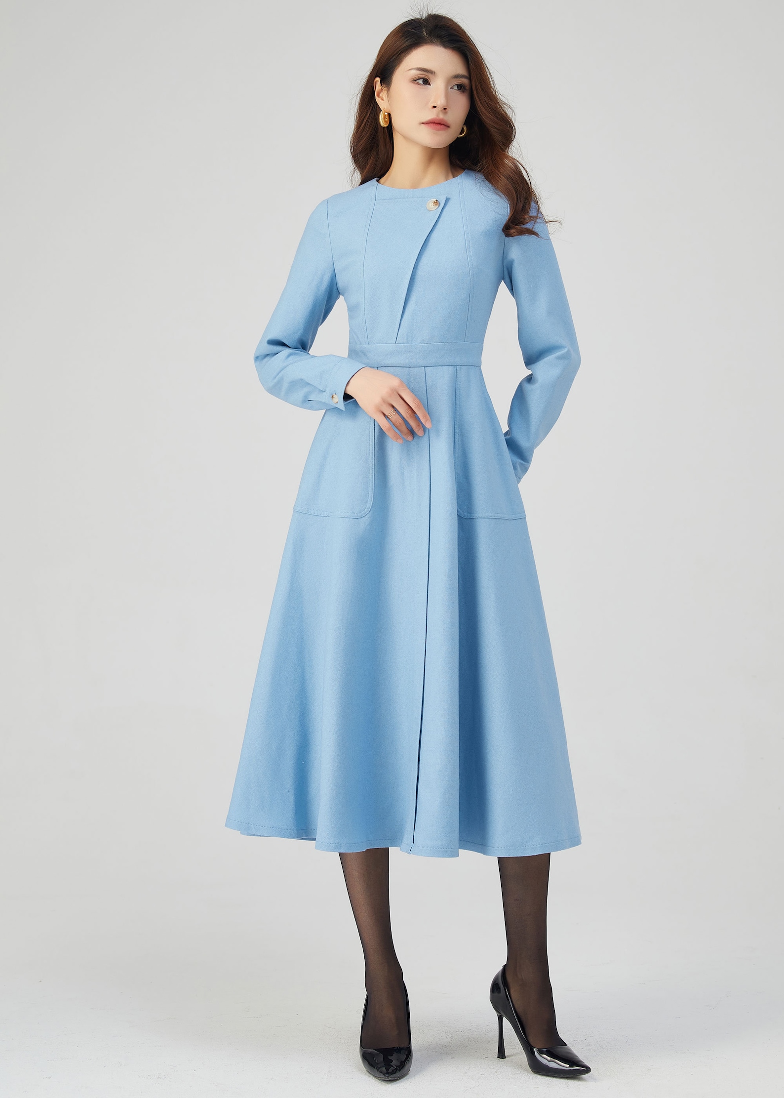 Blue Wool Dress, Winter Dress Women, Fitted Dress, Dress With Pockets ...