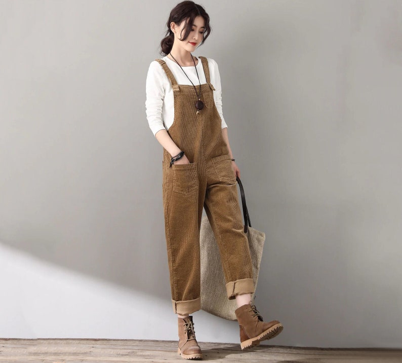 Women's Brown Corduroy Overalls, Casual Handmade Corduroy Jumpsuits ...