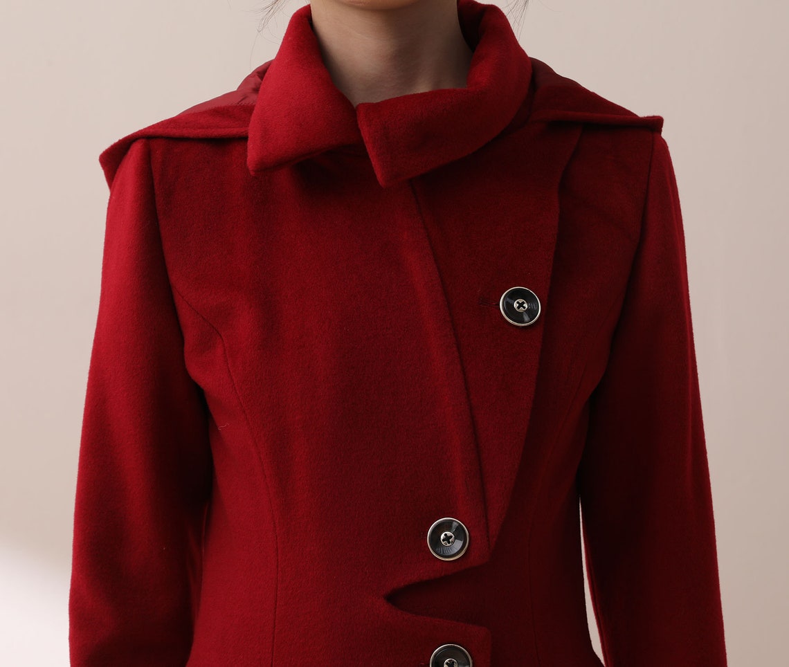Red Wool Coat Asymmetric Wool Coat Long Wool Coat Hooded - Etsy