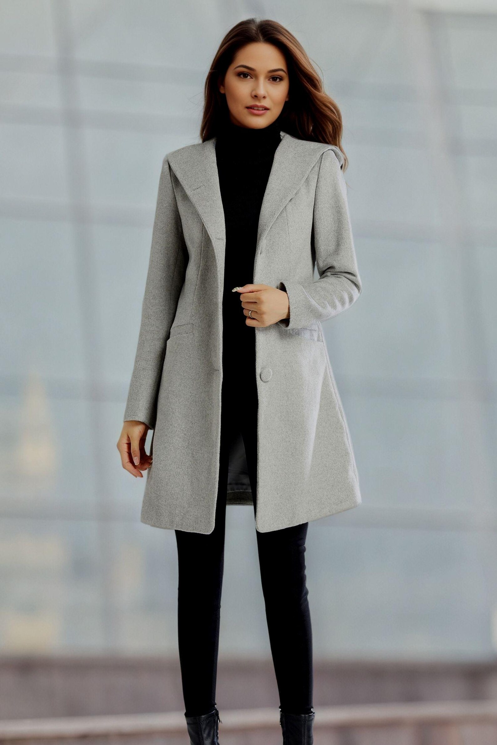 Hooded Wool Coat, Gray Handmade Jacket, Mod Style, Ylistyle C4955 - Etsy