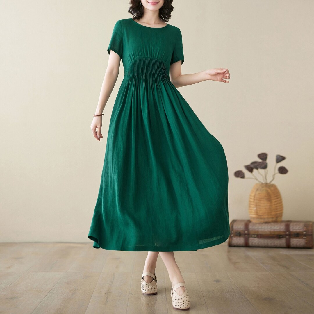 Linen Maxi Dress, Womens Summer Dress, Green Long Linen Dress, Short ...