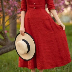 Linen Dress, Long Linen Dress, Red Everyday Comfortable Fit & Flare ...