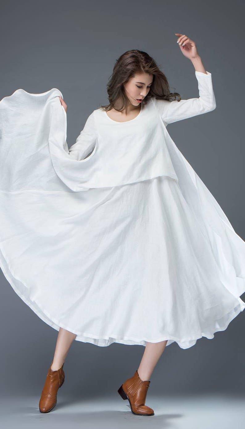 White Linen Dress Layered Flowing Elegant Long Sleeve Long - Etsy