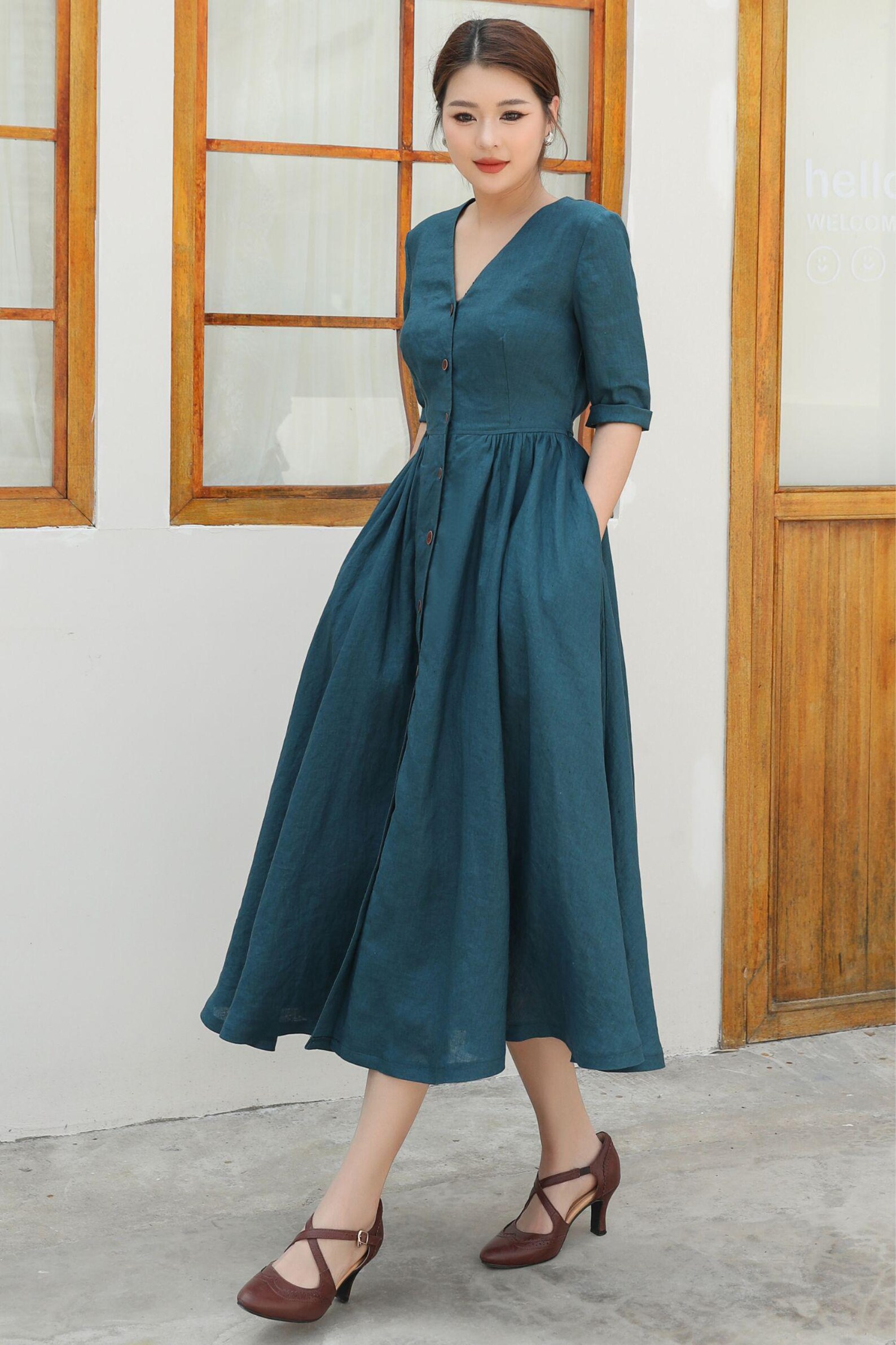 Shirt Linen Dress, Button Front Linen Midi Dress, A-line Dress, Womens ...