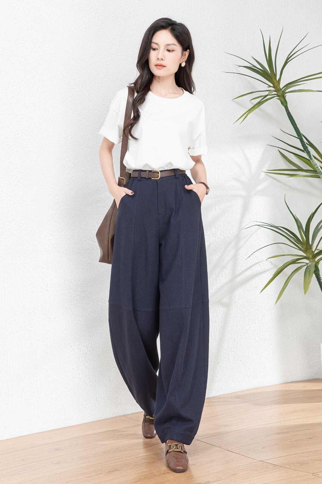 Fall Winter Navy Long Maxi Linen Pants, Womens Wide Leg Linen Pants ...