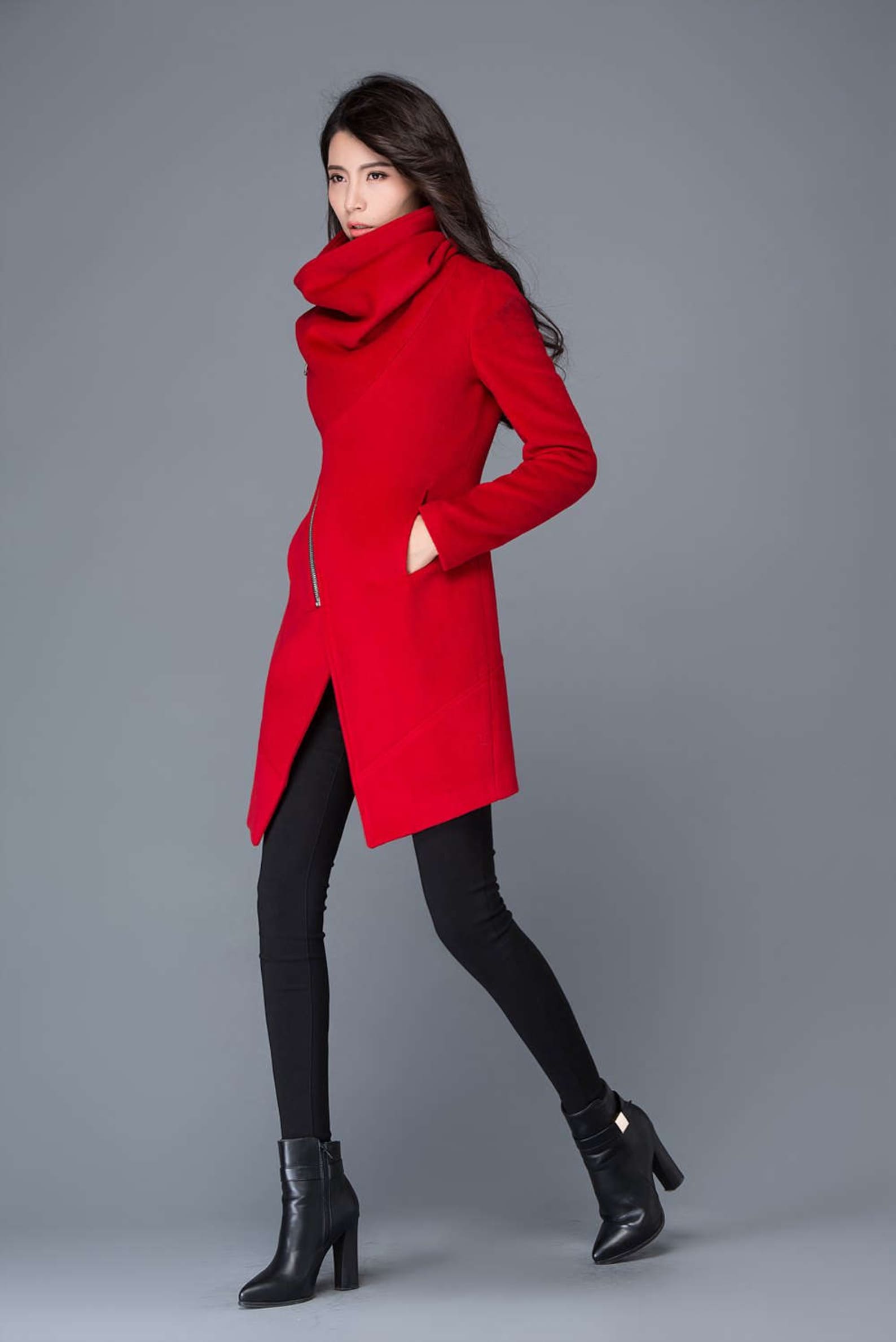 Red Wool Coat, Asymmetrical Wool Coat, Cowl Neck Wool Jacket, Winter ...