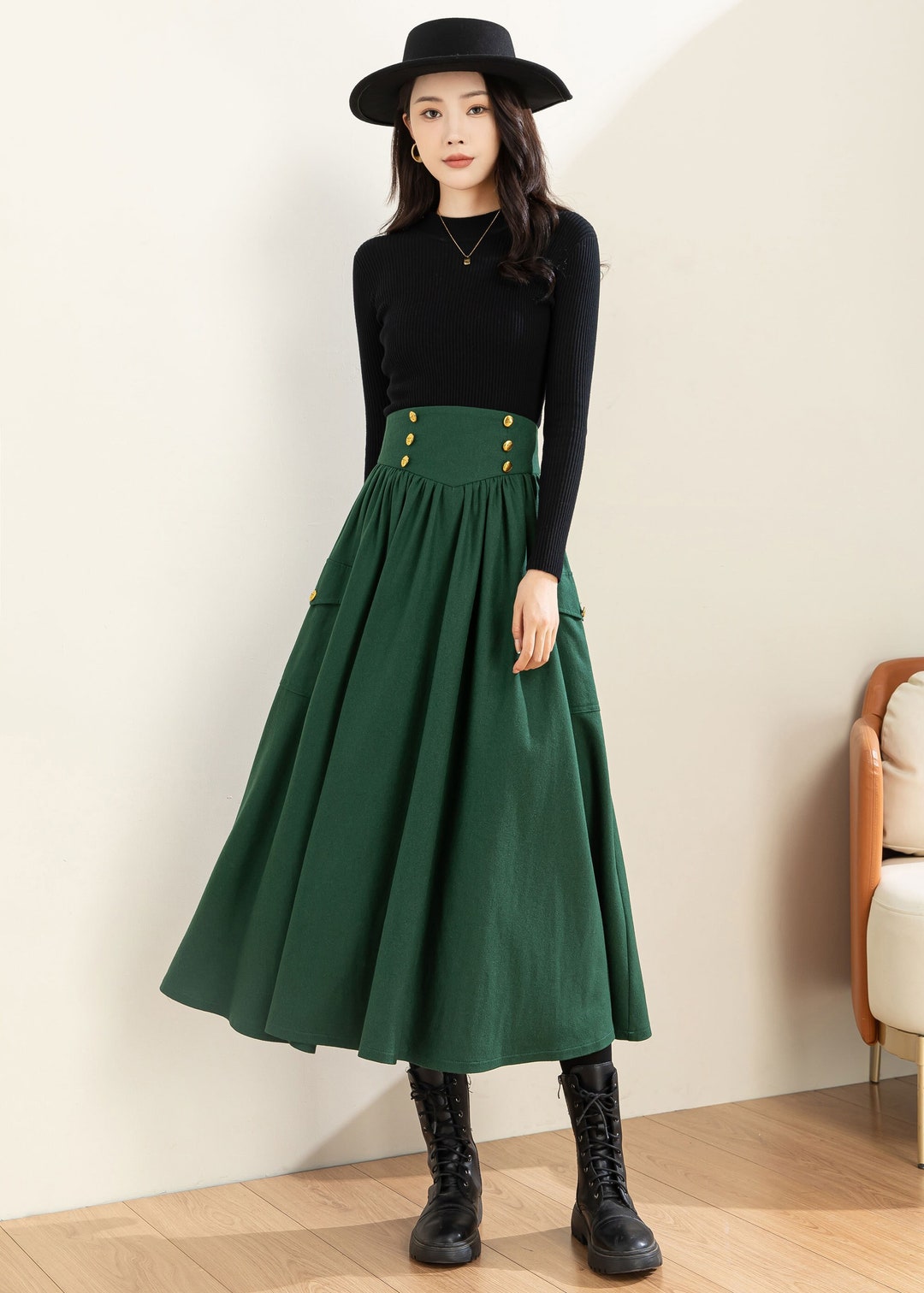 Wool Skirt, Midi Skirt, A Line Wool Skirt, Green Wool Skirt, High ...