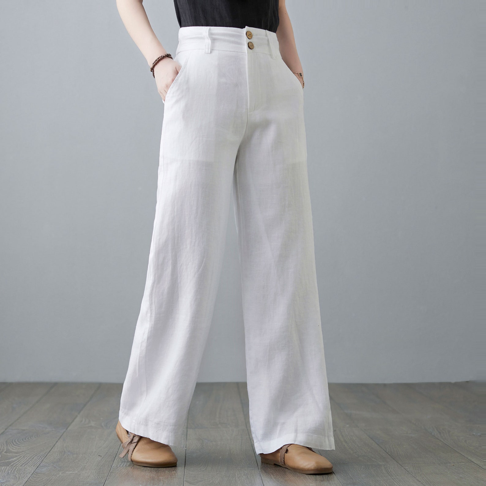 White Wide Leg Linen Pants for Women Causal Zipper Button - Etsy