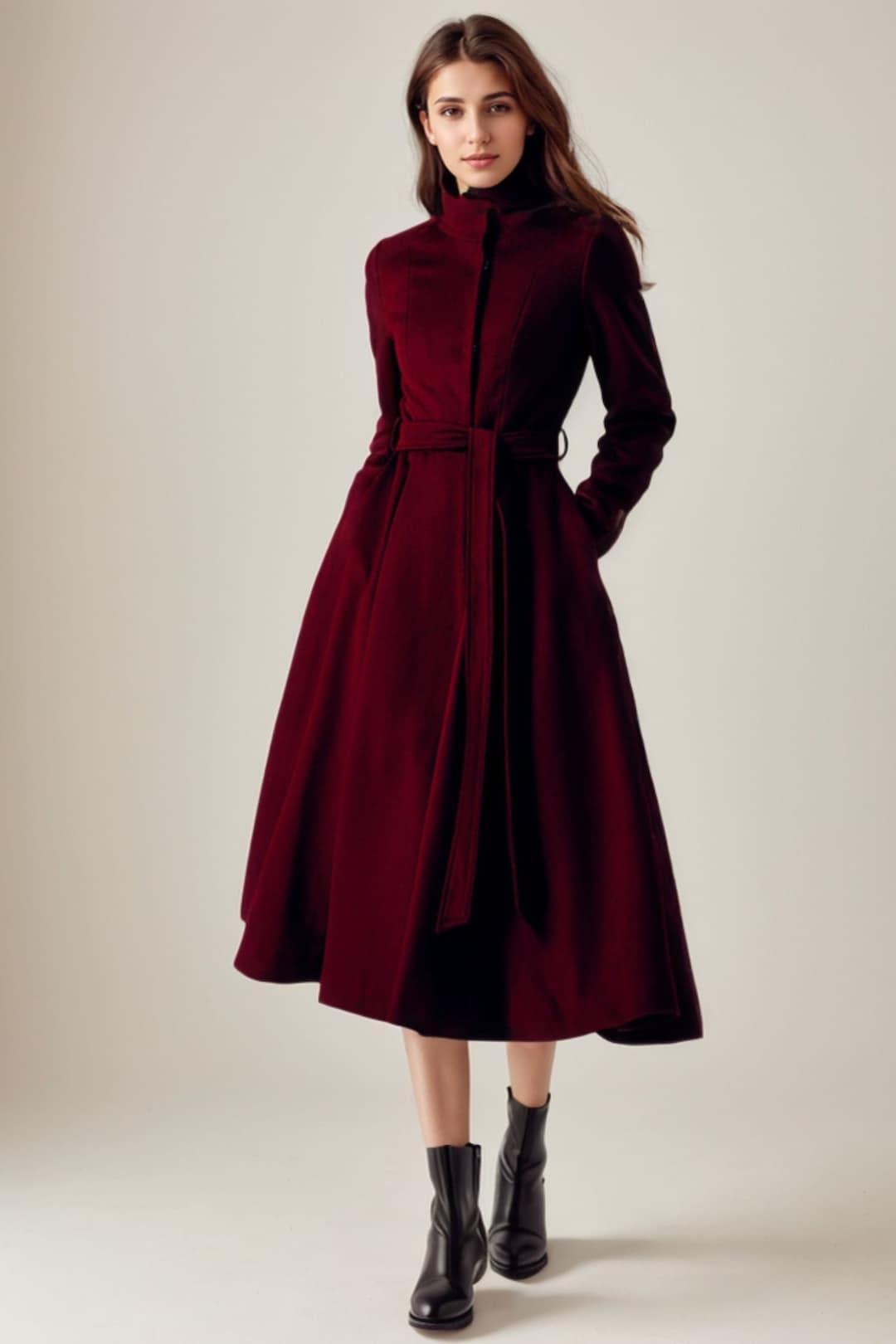 Burgundy Wool Coat, Winter Coat Women, Long Wool Coat, Wool Trench Coat ...