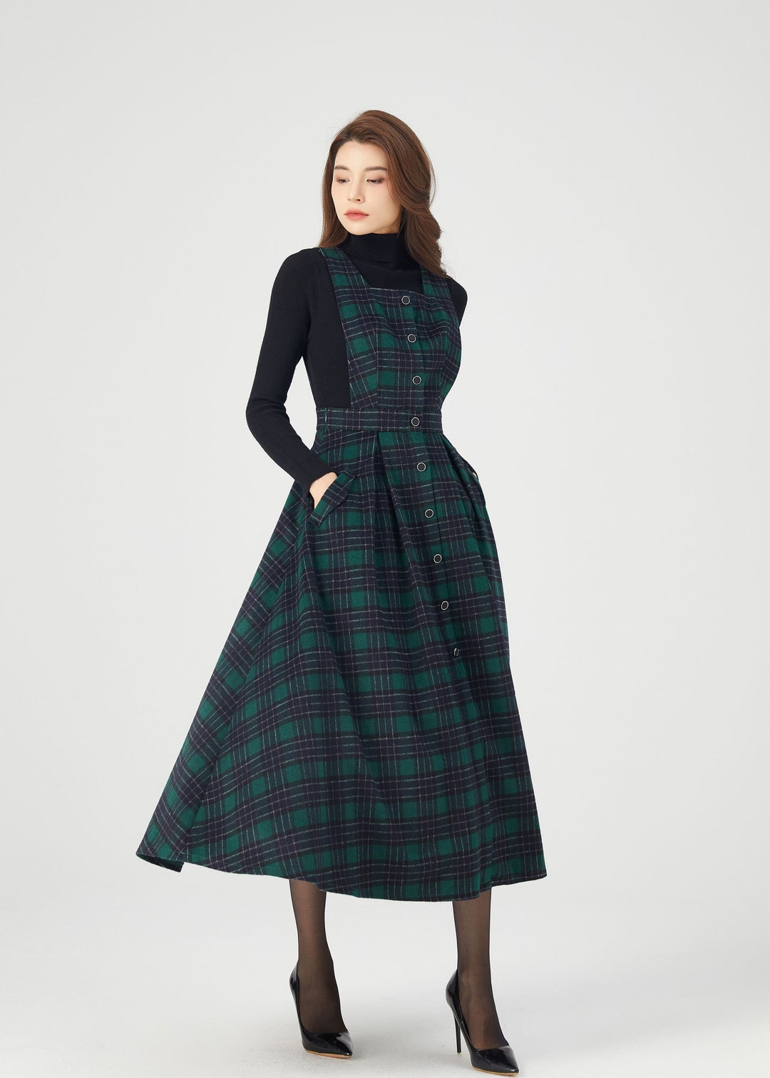Pinafore Wool Dress, Plaid Wool Dress, Winter Wool Dress, Wool Midi ...