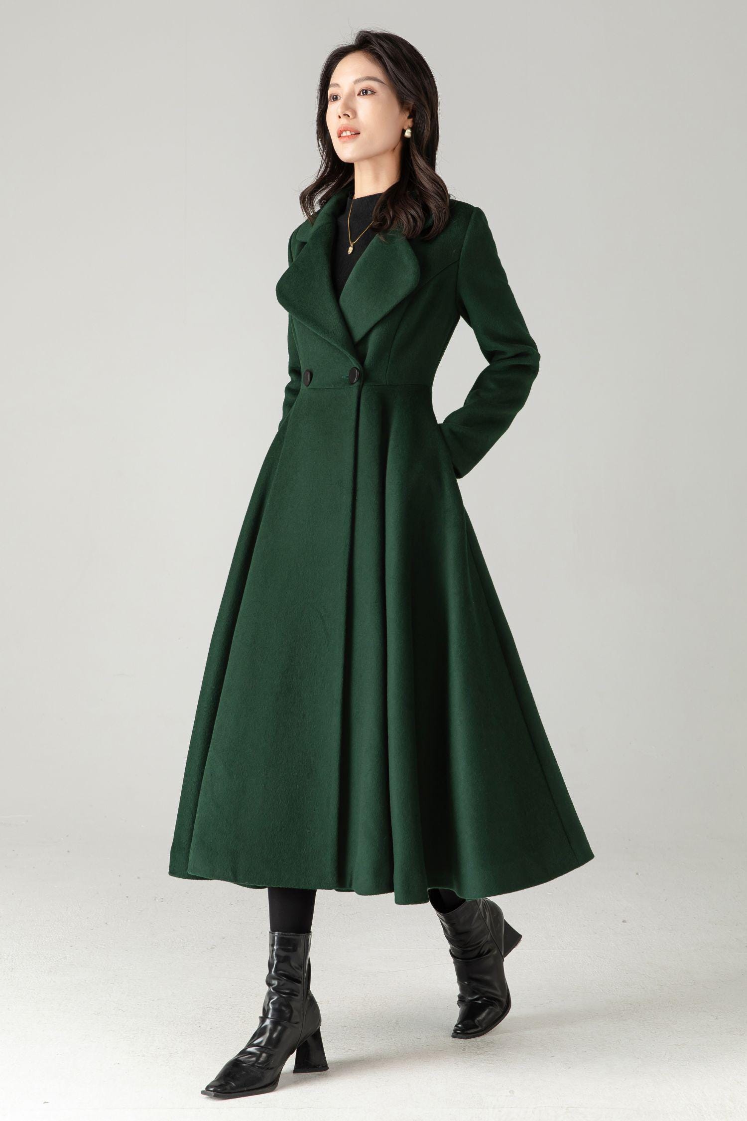 Emerald Green Wool Coat: Elegant Women's Swing Long Flared Trench Coat ...