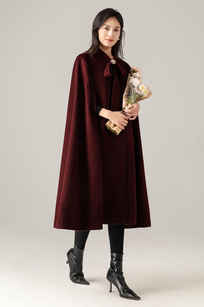 Burgundy Wool Blend Cape Coat: Women Long Winter Cape Outerwear ...