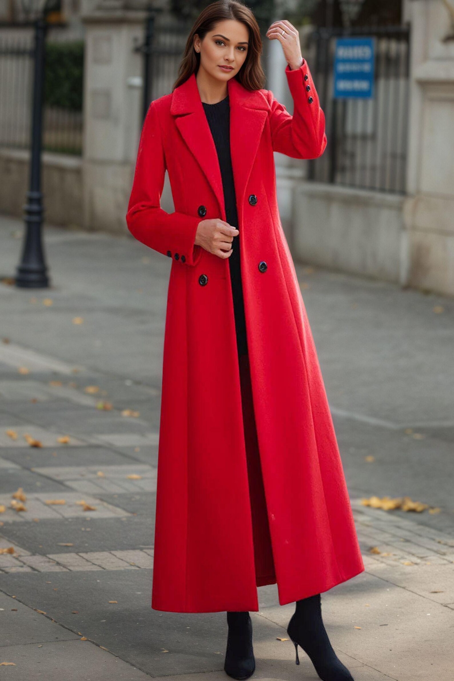 Red Wool Coat, Long Wool Coat, Double-breasted Wool Coat, Belted Wool ...