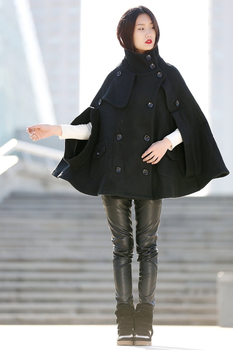 Wool Cape Coat, Winter Wool Cape Coat, Womens Wool Cape Coat, Black ...