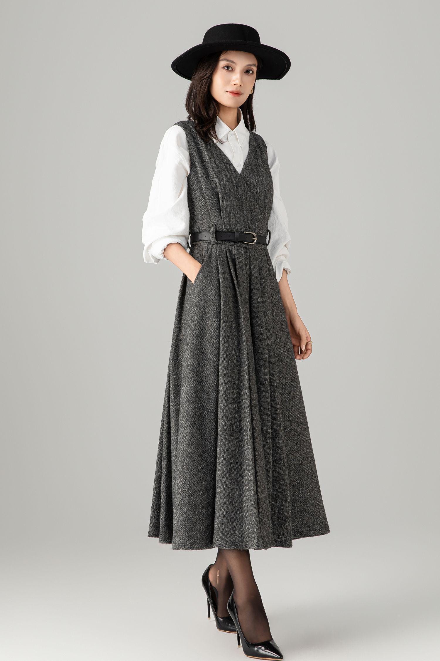 Grey Wool Blend Midi Pinafore Dress: Sleeveless A-line Pleated Winter ...