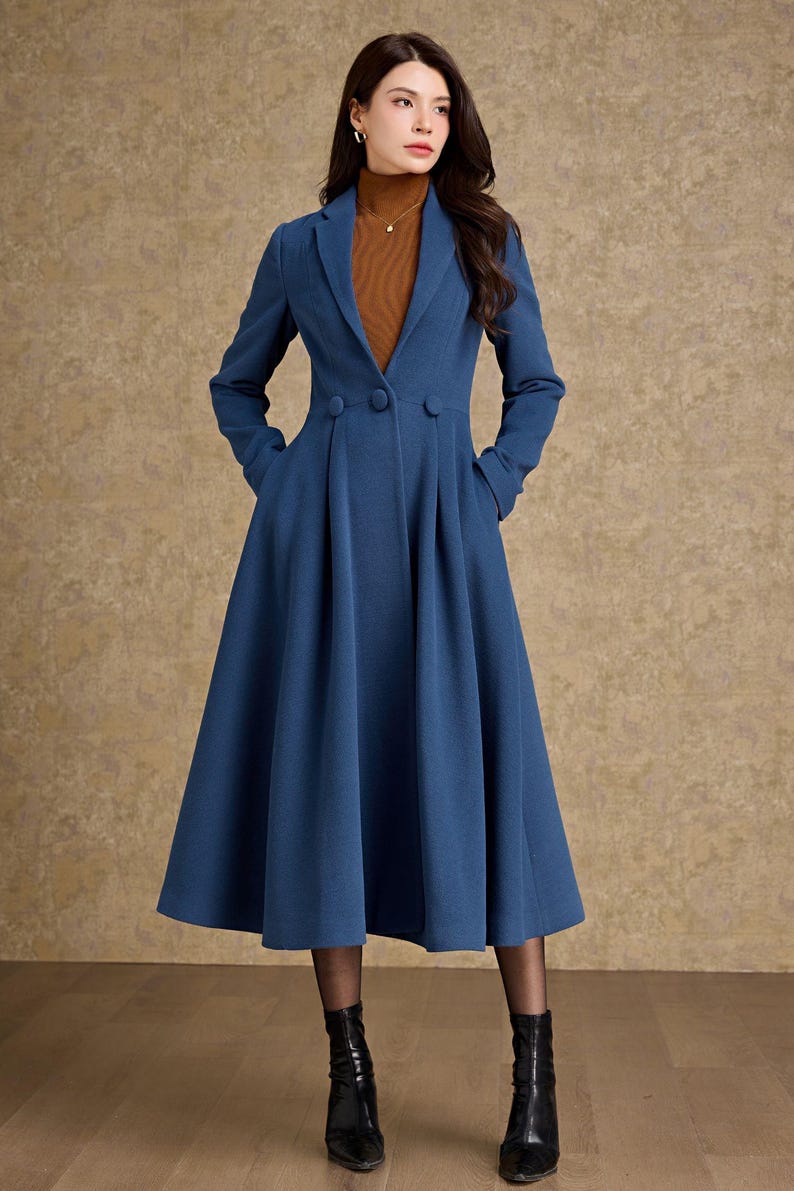 Womens Blue Retro Wool Coat, Long Wool Princess Coat, Swing Wool Coat ...