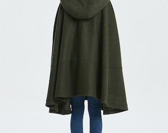 Green Winter Wool Cloak With Hood Women, Long Hooded Wool Green Winter Wool Cloak With Hood Women, Long Hooded Wool