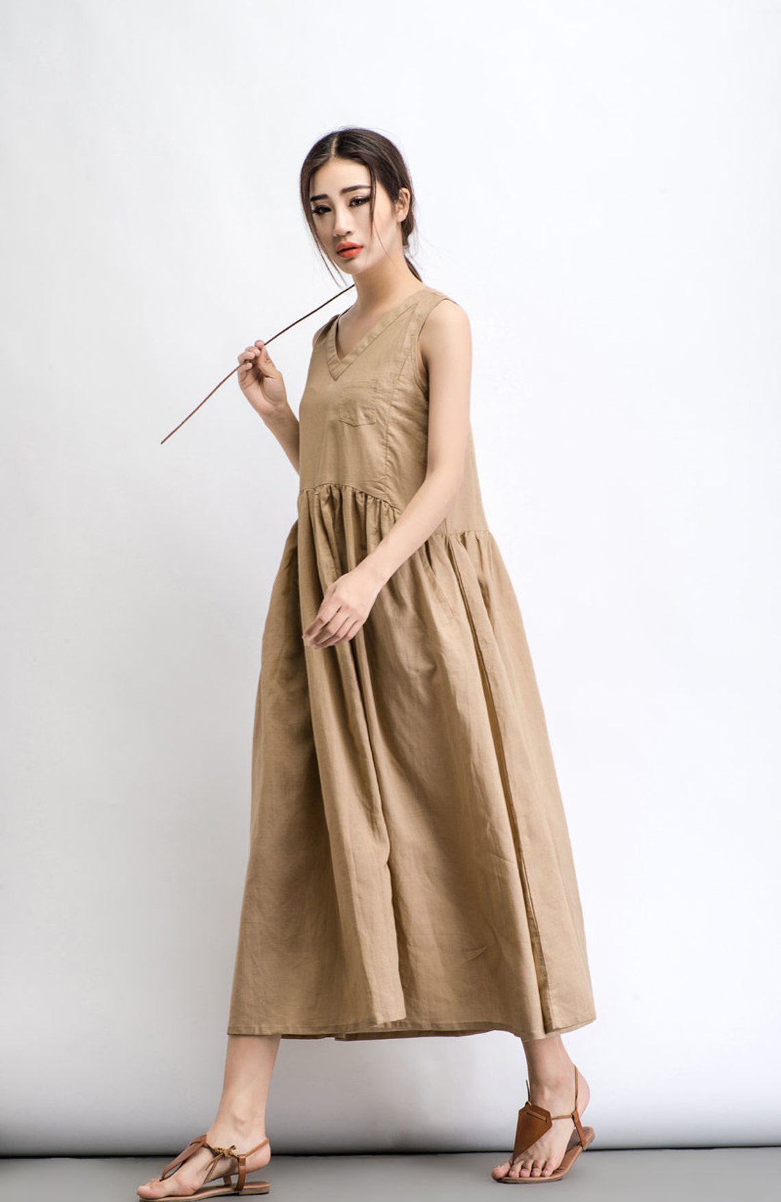 Beige Linen Dress Maxi Neutral Color V-neck Sleeveless | Etsy