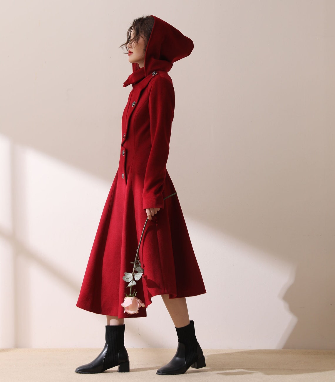 Red Wool Coat Asymmetric Wool Coat Long Wool Coat Hooded - Etsy