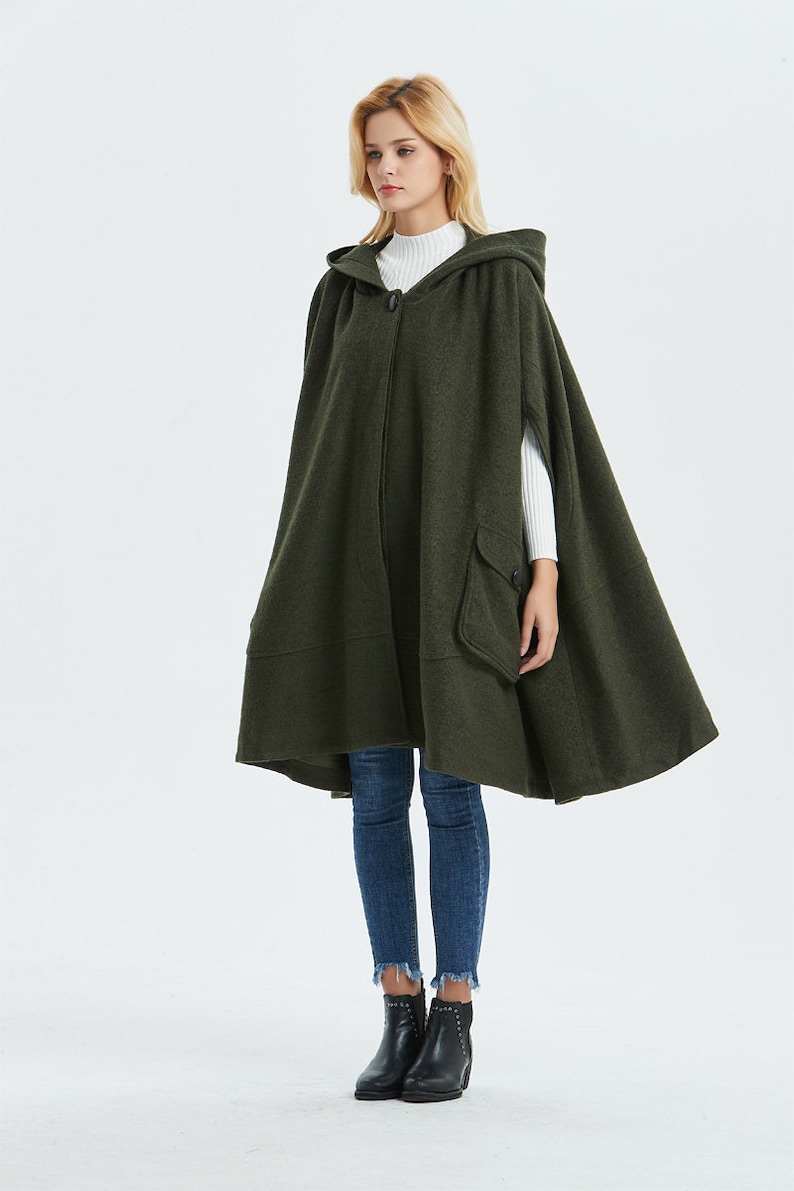 Green Winter Wool Cloak With Hood Women, Long Hooded Wool Cape Coat ...