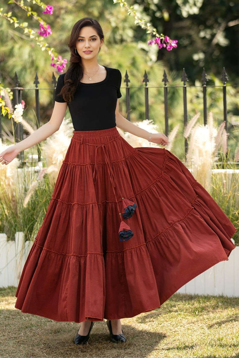 Rust Corduroy Tiered Maxi Skirt – Elastic Waist Boho Pleated Skirt ...