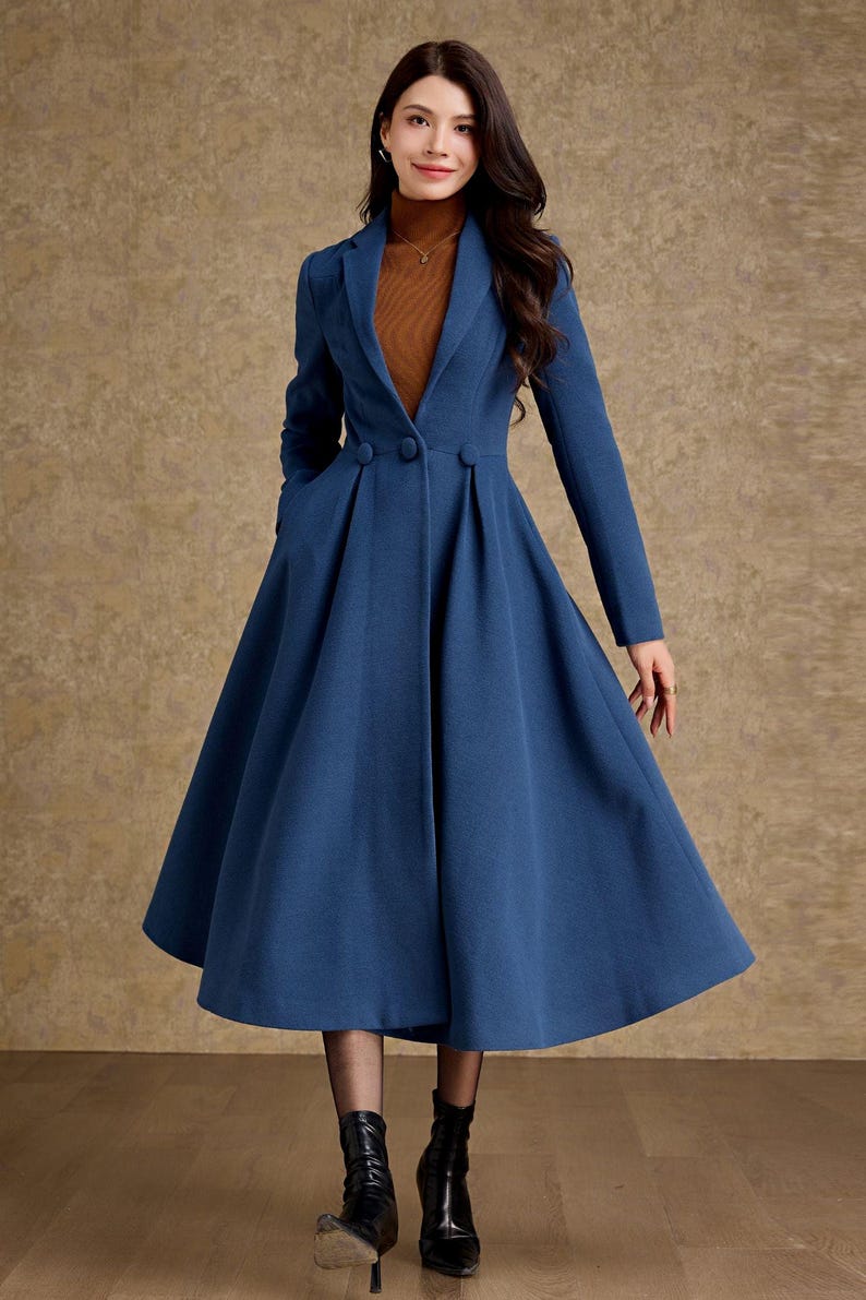 Womens Blue Retro Wool Coat, Long Wool Princess Coat, Swing Wool Coat ...
