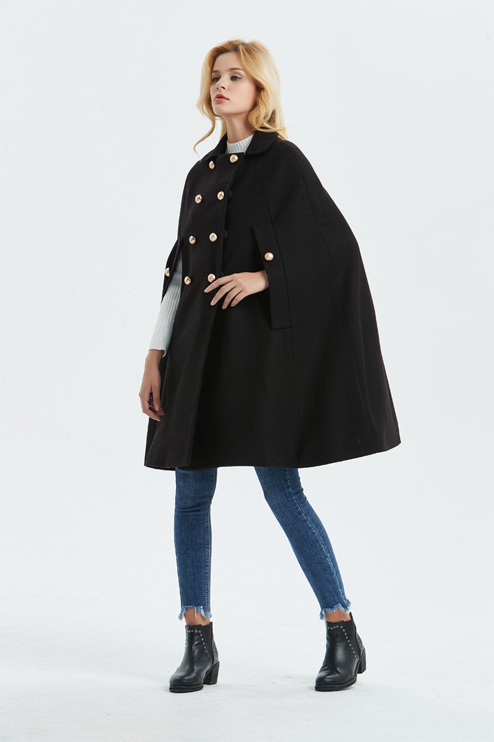 Black wool cape Cape coat loose cape midi cape Winter | Etsy