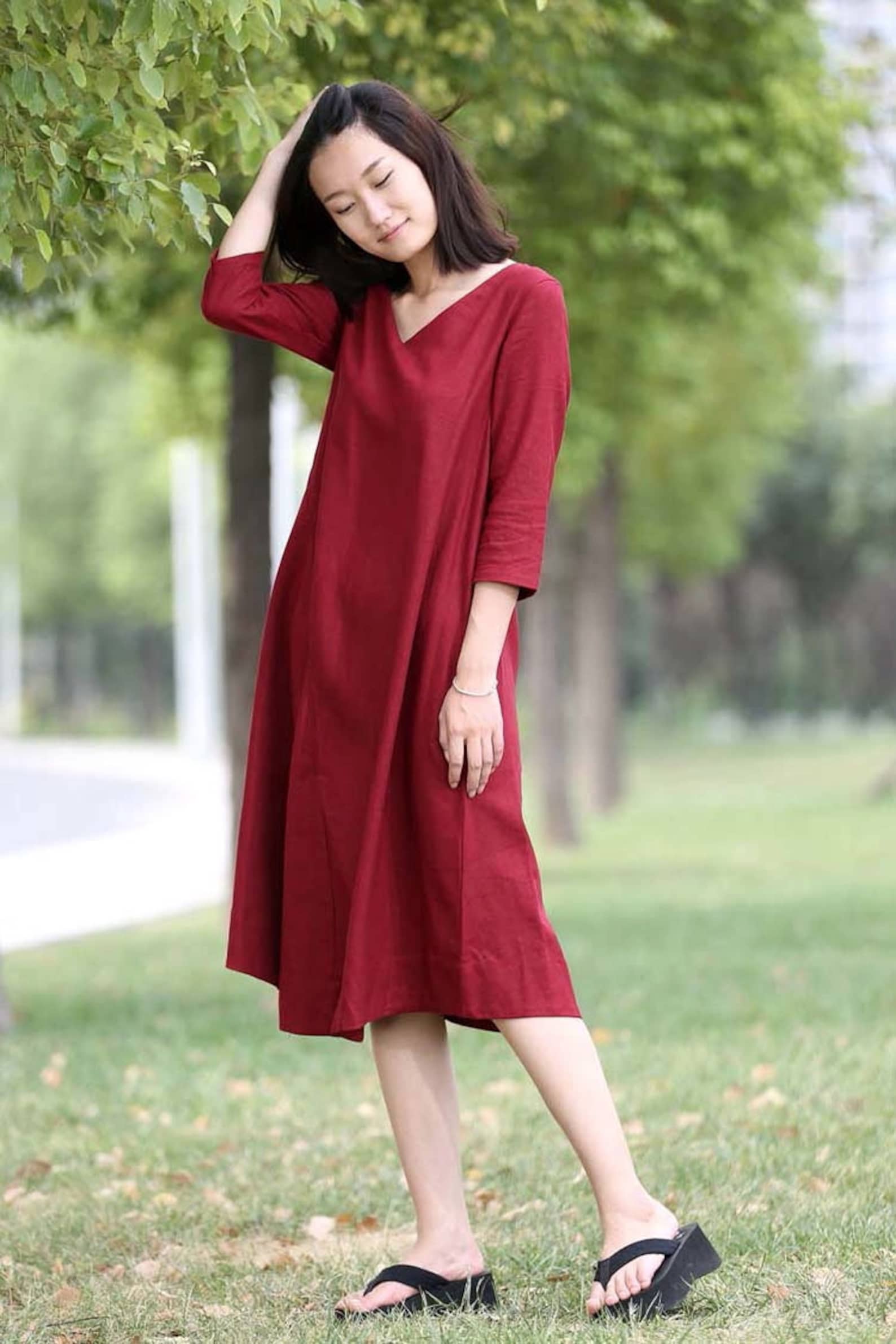 Red Linen Dress - Midi Length Loose-fitting Plus Size V-neck Casual ...