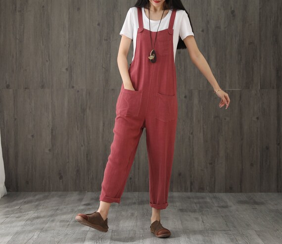 Linen overalls women Casual Linen Jumpsuits Baggy Overalls | Etsy