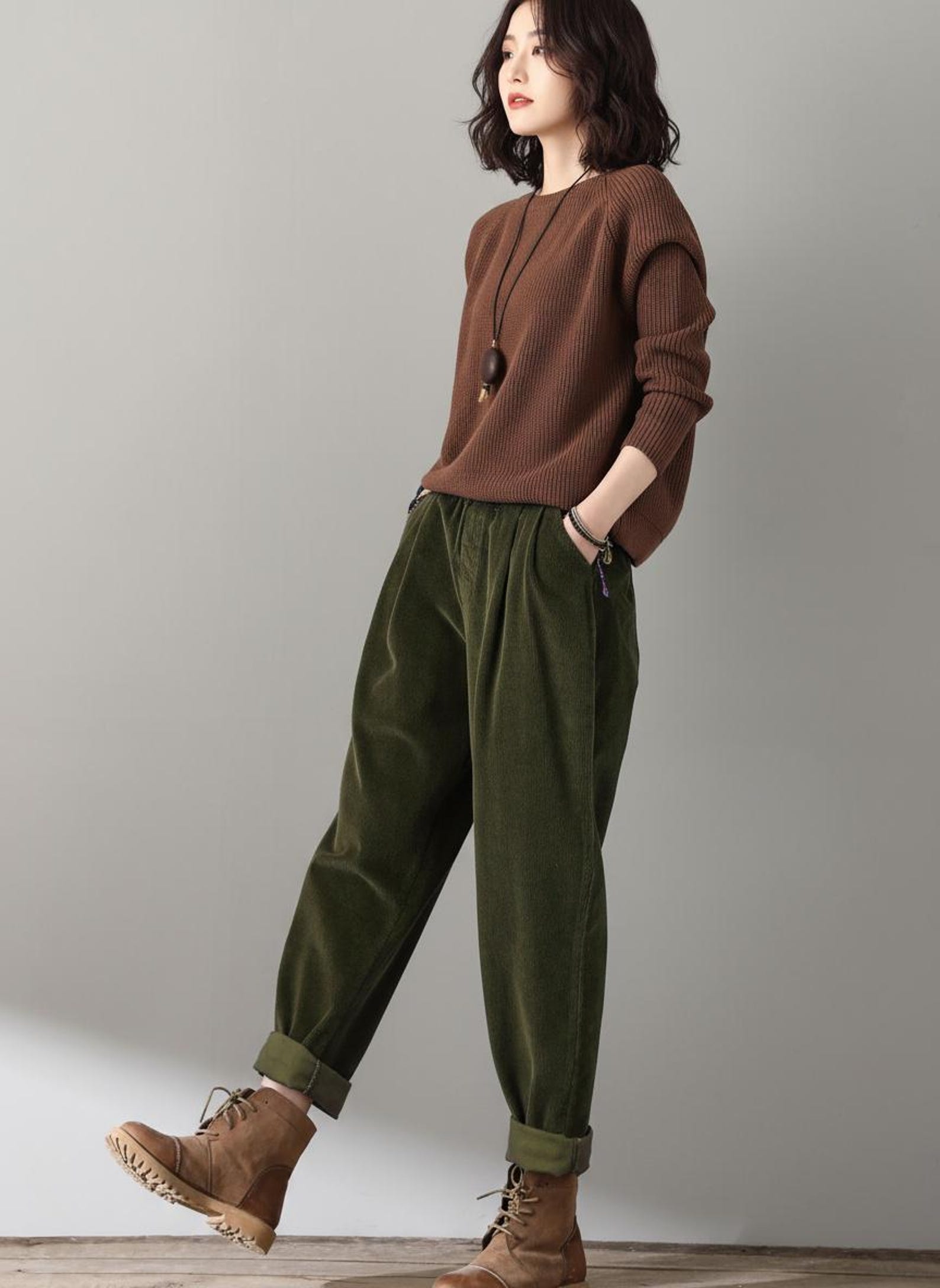 Olive Green Corduroy Harem Pants: Women Oversized Boho Trousers ...