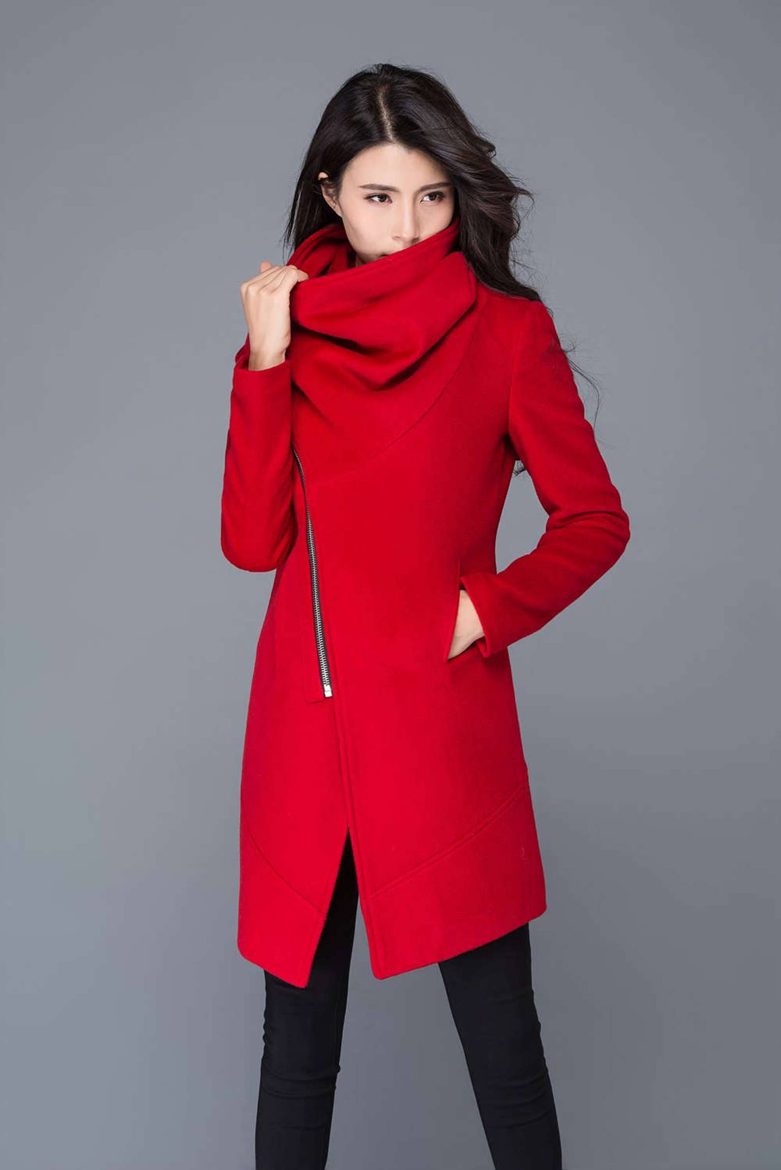 Red Wool Coat, Asymmetrical Wool Coat, Cowl Neck Wool Jacket, Winter ...